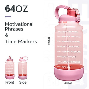 Elvira Half Gallon/64oz Motivational Time Marker Water Bottle with Straw & Protective Silicone Boot, BPA Free Anti-Slip Leakproof for Fitness, Gym and Outdoor Sports