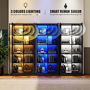 Dystler Display Cabinet with Doors and Adjustable Shelves, 65" Tall Bookcase with LED Lights/Human Sensor, 5 Tier Display Case for Collectibles Bedroom Living Room Office, Black