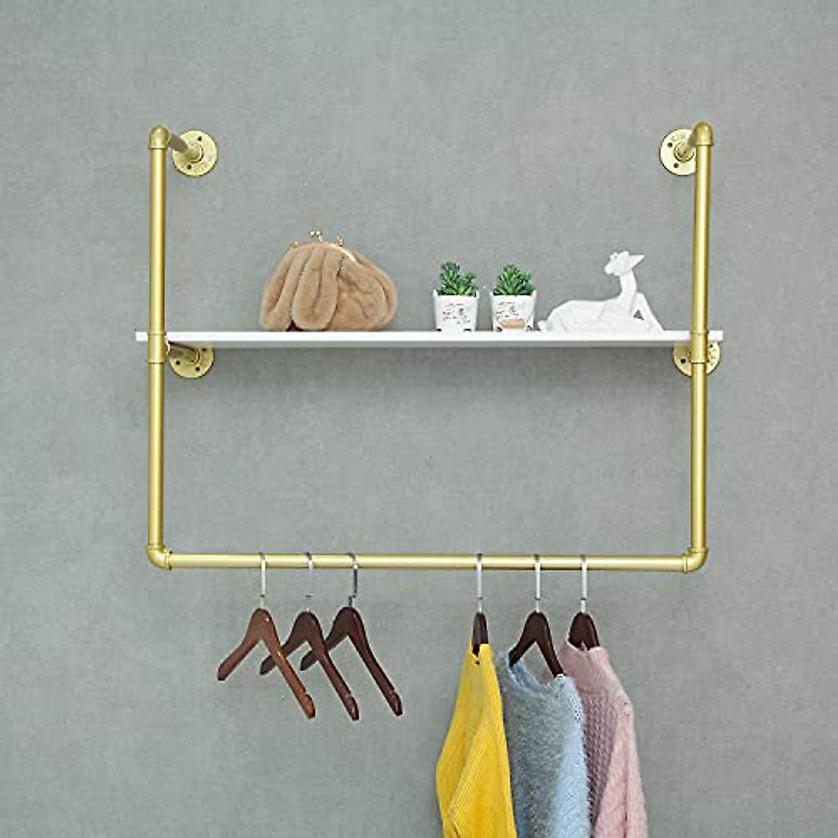 Industrial Pipe Wall Mounted Garment Rack with Top Shelf, Detachable Pipe Clothes Rack, Space-Saving Hanging Bar, Detachable Multi-Purpose Rod for Closet Storage, Gold, 39.3x10 Inches