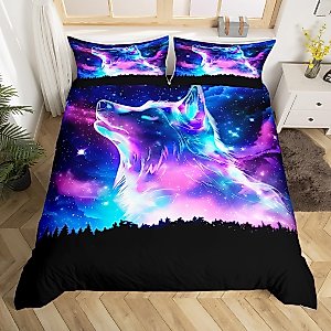 Feelyou Galaxy Duvet Cover Wild Wolf Printed Comforter Cover Northern Light Bedding Set for Kids Adults Starry Sky Aurora Quilt Cover Soft Room Decor Nature Scenery Quilt Cover 2Pcs Twin Size
