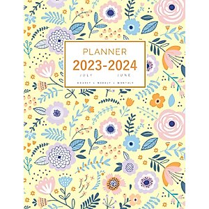 Planner July 2023-2024 June: 8.5 x 11 Large Notebook Organizer with Hourly Time Slots | Cute Pastel Floral Design Yellow