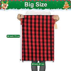 HRX Package 2pcs Cotton Santa Bag, 28x20 inch Plaid Fabric Drawstring Christmas Bags, Reusable Cloth Wrapping Bag with Gift Tag for Xmas Presents
