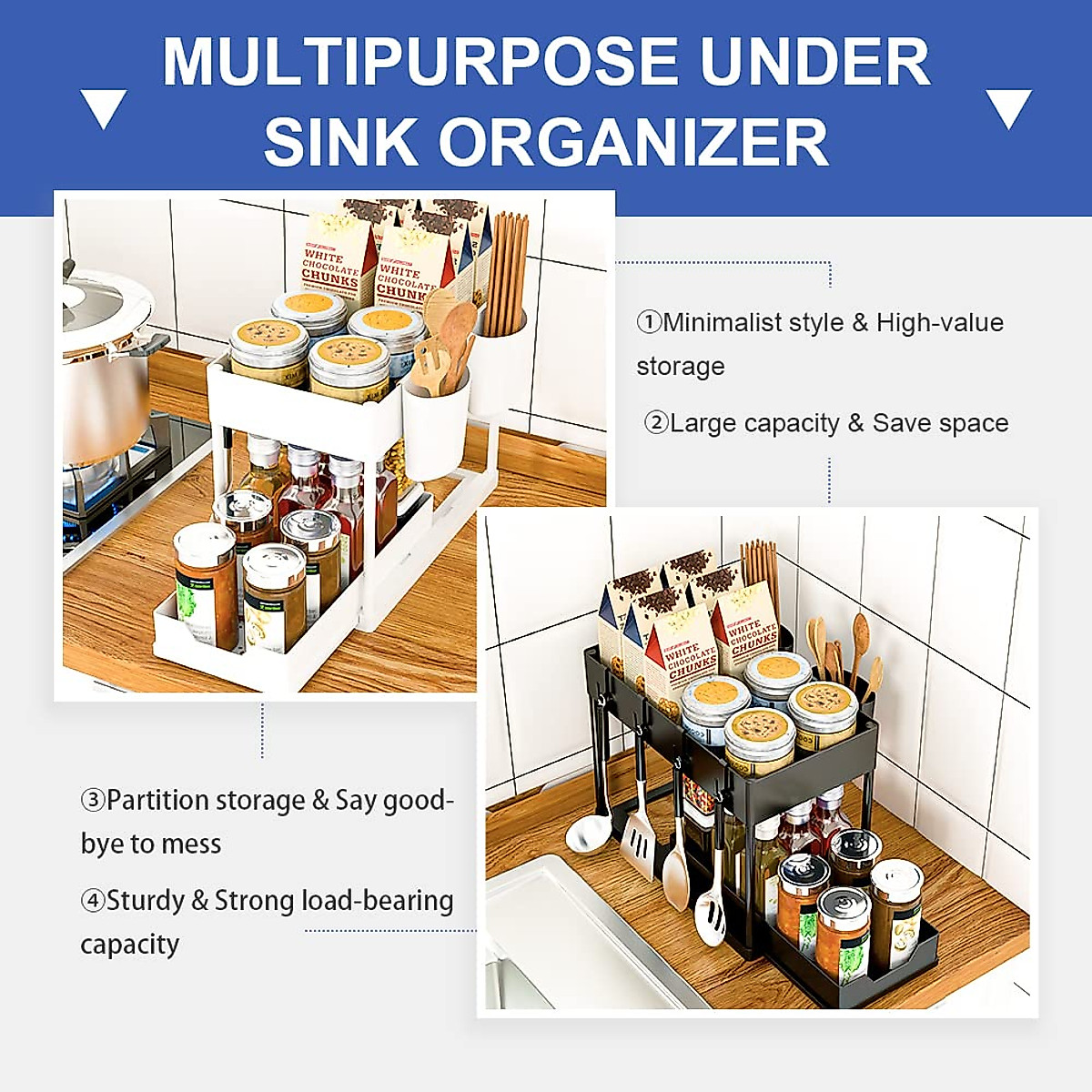 Sliding Under Sink Organizer, Kitchen Cabinet Sink Organizer, Multifunctional Under Sink Shelf Rack Organizer with 2 Cups & 4 Hooks for Bathroom Kitchen(White)