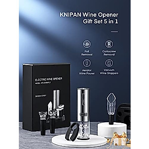 KNIPAN Electric Wine Opener 5-IN-1, Automatic Wine Bottle Openers with Foil Cutter, Wine Aerator Pourer, Vacuum Stopper, Rechargeable Electronic Corkscrew Wine Opener Kit