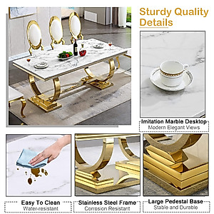 70" Modern Marble Dining Table, Luxury Gold Rectangular Kitchen Table for 6-8, Mid-Century White Faux Marble Dining Room Table with Mirrored Stainless Steel Pedestal Base for 6