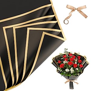 Sawnfay 20 Sheets Flower Wrapping Paper, Waterproof Bouquet Wrapping Paper, Floral Wrapping Paper with Ribbon, Ideal for Wedding, Birthday, DIY Projects - 22.8x22.8inch (Black)