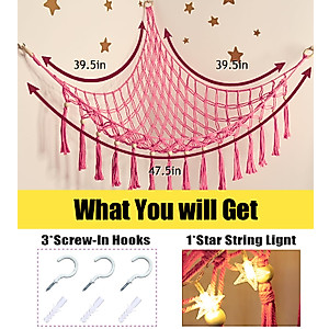 Stuffed Animal Storage Hammock Corner with LED Light - Toy Hanging Organizer Plushie Net - Pink Room Decor for Teen Girls - Cute Bedroom Aesthetic Nursery Kids Baby Toddler