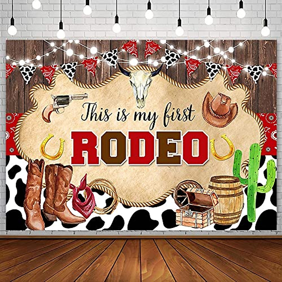 AIBIIN 7x5ft My First Rodeo 1st Birthday Backdrop Western Cowboy First Bday Photo Photography Background Cow Print Wild West Rustic Wood Boot Hat Party Decorations Banner Photo Shoot Studio Props