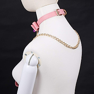 LEWECEEO PU Leather Kitty Bell Collar Choker Cosplay Bowknot Collar Choker with Golden Chain Leash for Women Girls (Pink)
