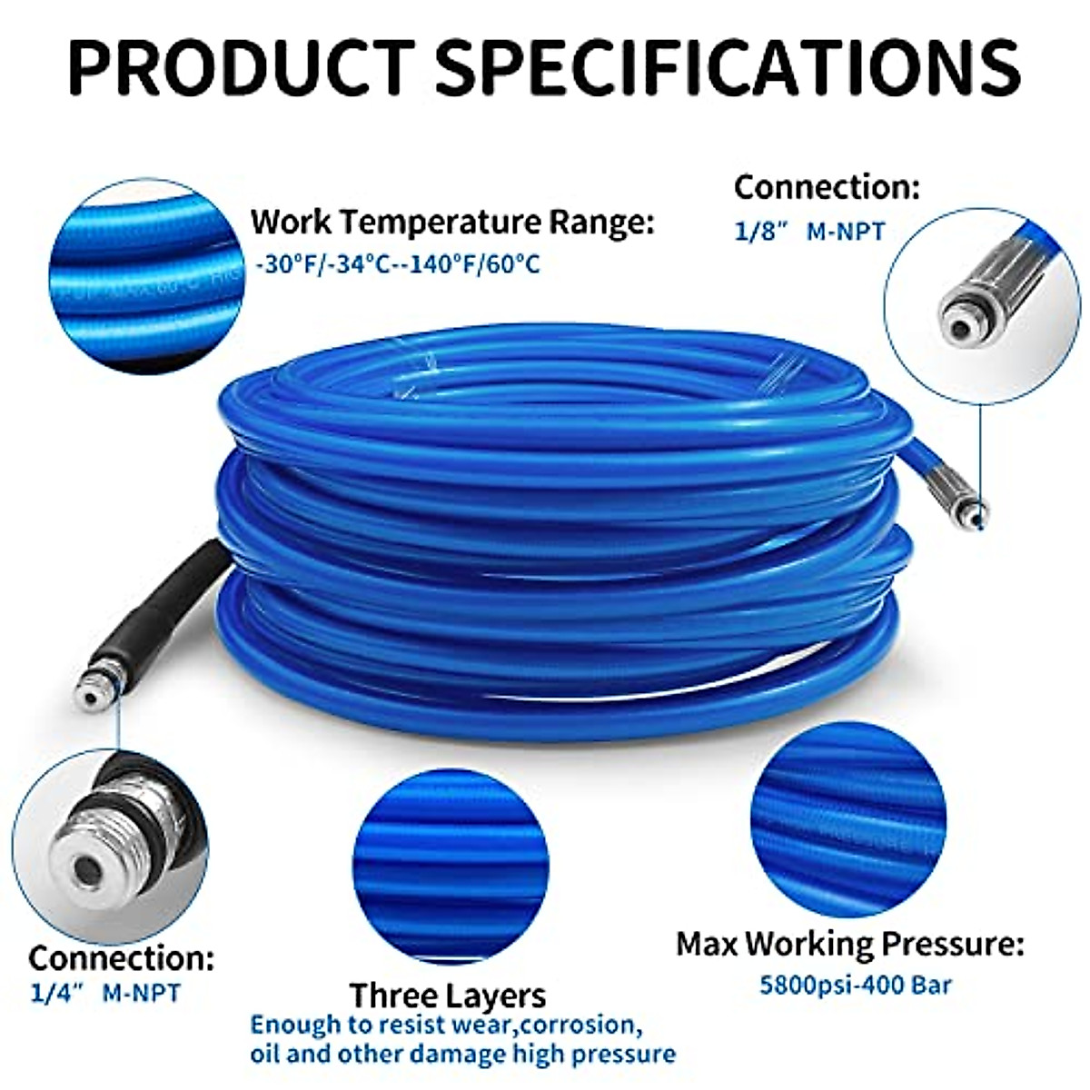 Sewer Jetter Kit for Pressure Washer，50FT Clog Hog Drain Cleaner Hose 5800PSI NPT 1/4 Inch Hose Button Nose and Rotating Sewer Jetting Nozzle, Orifice 4.0, 4.5
