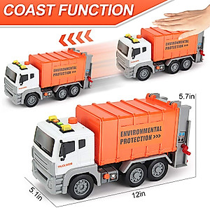 12" Garbage Truck Toys Trash Truck Dump Truck with 4 Garbage Cans, Friction Powered Truck with Sound and Light,Push and Go Pull Back Car for Boys