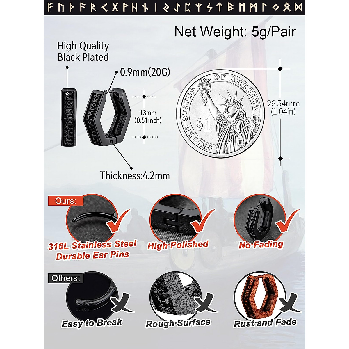 Vintage Rune Hoop Earrings for Male Black Punk Norse Vikings Stuff Amulet