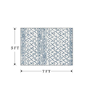 Washable Boho Blue Area Rug - 5x7 Feet Modern Carpet with Non-Slip Backing Neutral Room Decor for Living Room Bedroom Playroom Entryway Entrance Indoor
