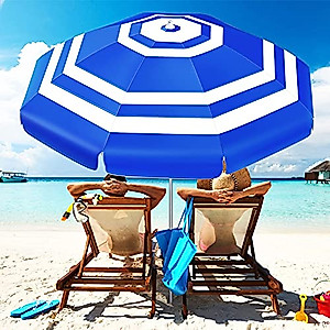 OCOOPA Beach Umbrella UV 50+, 6.5ft Umbrella with Sand Anchor & Aluminum Pole, Portable Beach Umbrella with Carry Bag for Beach Patio Garden Pool Backyard (Blue & White, 6.5 FT Umbrella)