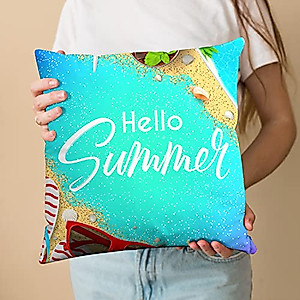 Outdoor Summer Pillow Covers 18x18 inch Set of 2 Teal Hello Sunshine Decorative Throw Pillow Covers Pillowcase Summer Decorations for Patio Garden Porch (18"x18", Hello Summer)