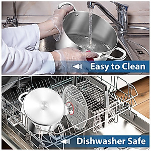 E-far 6 Quart Stock Pot, Tri-Ply Stainless Steel Cooking Pot with Glass Lid and Riveted Handles, Metal Pasta Soup Pot for Induction Ceramic Electric Gas Stoves, Heavy Duty & Dishwasher Safe