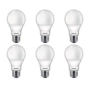 Philips LED Flicker-Free Frosted A19 Light Bulb, Dimmable Warm Glow Effect, 800 Lumen, 2700-2200K, 8.8W=60W, E26 Base, 6-Pack