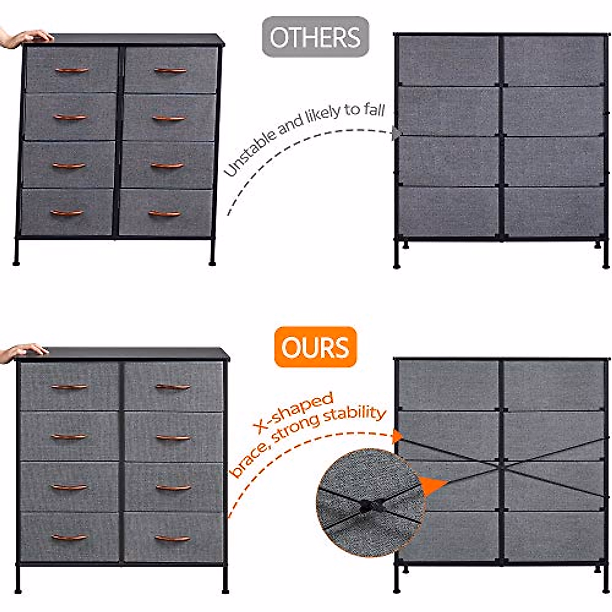Topeakmart 8 Drawers Organizer - Furniture Tall Storage Tower Unit for Hallway, Living Room, Nursery - Sturdy Metal Frame, Easy Pull Handle Fabric Bins, Dark Gray