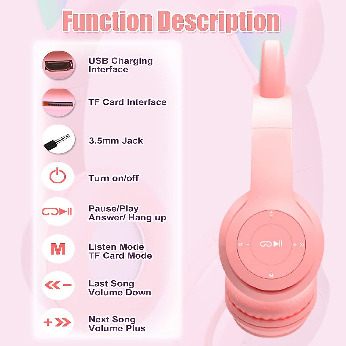 Wireless Cat Ear Headphone, Kids Headphones with Mic&LED Light Up Cat, 85dB Safe Volume Limited, Foldable Kitty Headpones for Online Learning, School, Travel, Tablet, Smartphone - Support 3.5mm Audio