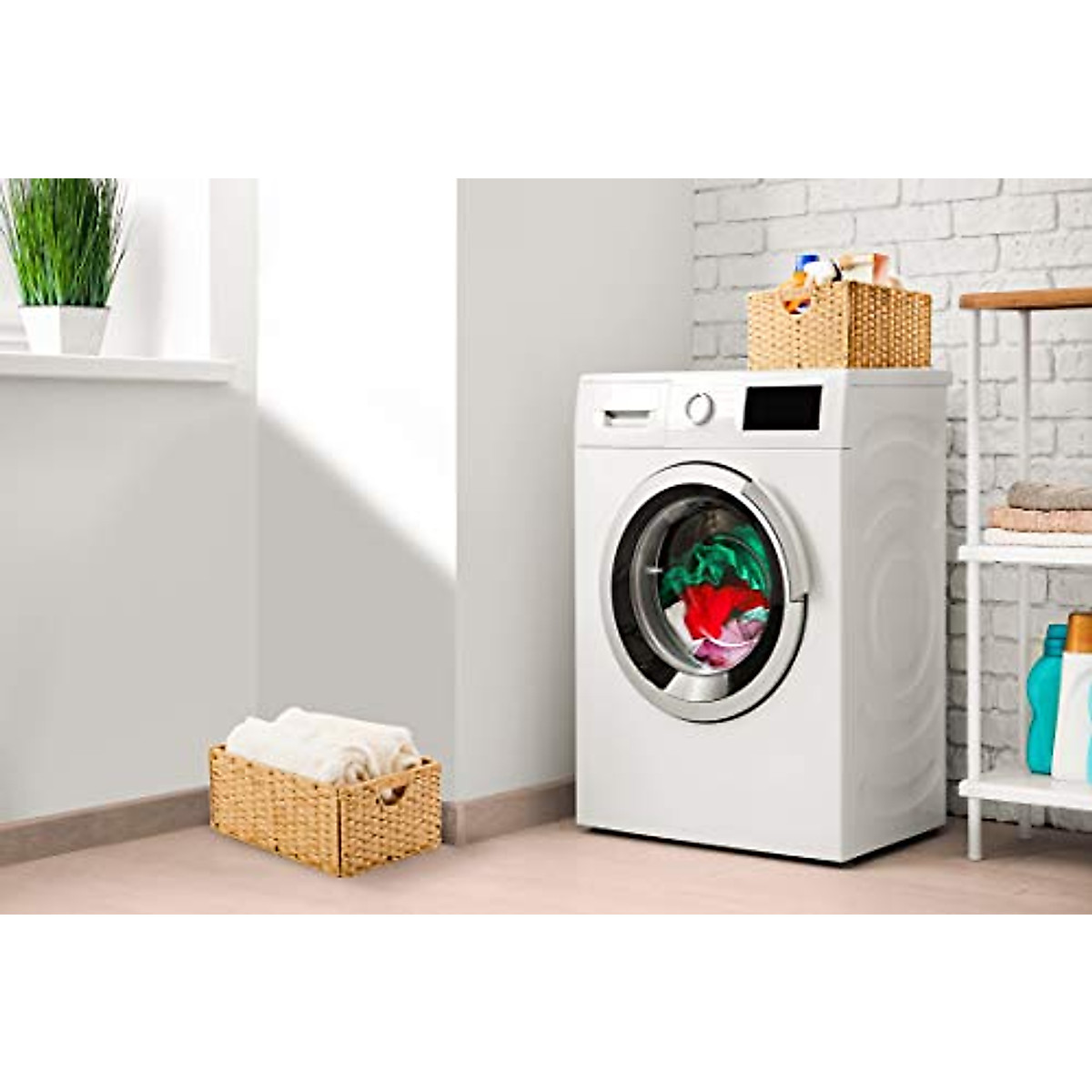 Seville Classics Premium Hand Woven Portable Laundry Bin Basket with Built-in Handles, Household Storage for Clothes, Linens, Sheets, Toys, Tan, Rectangular (2-Pack)