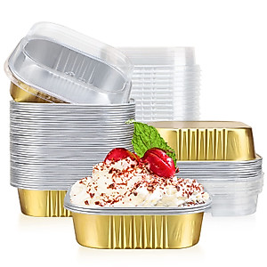 EUSOAR Cupcake Liners with Lids, 8oz 50pcs Gold Aluminum Foil Square Baking Cups Disposable Ramekins Tins for Muffin Pie Lava Cakes Flan Quiche, for Wedding Birthday Christmas Party