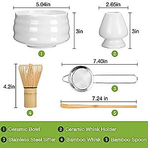 Marce Matcha Whisk Set- Matcha Whisk and Bowl, Matcha Sifter, Matcha Whisk Holder and Matcha Spoon- The Perfect Matcha Kit for Matcha Tea (White)
