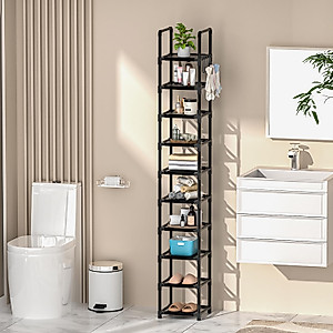 LUKYTOWER Tall Shoe Rack Narrow 10Tier Shoe Racks Organizer for Closet 10-15Pairs, Storage Rack for Shoes with 5Hooks, Sturdy Metal Shoe Shelf, Vertical Skinny Shoe Stand for Small Space