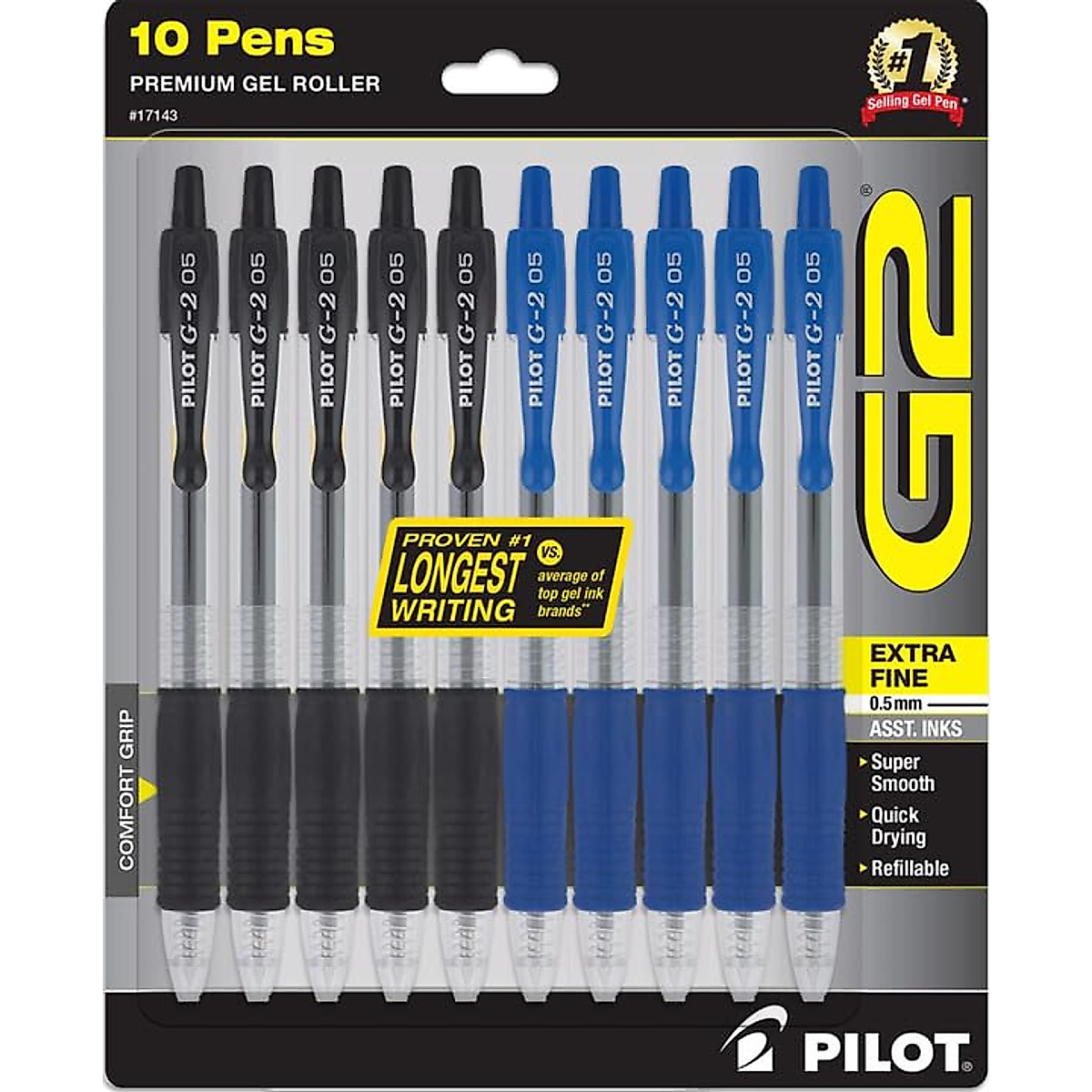 PILOT G2 Pens 0.5 mm - 10 Pack (5 Black and 5 Blue Pens) Premium Gel Ink Pens Extra Fine Point 0.5 mm Refillable & Retractable Rolling Ball,