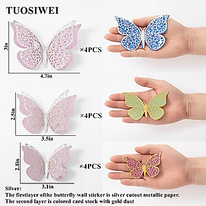 Tuosiwei 12PCS Butterfly Wall Decals - 3D Butterflies Decor for Wall Removable Mural Stickers Home Decoration Kids Room Bedroom Decor (pink Silver)