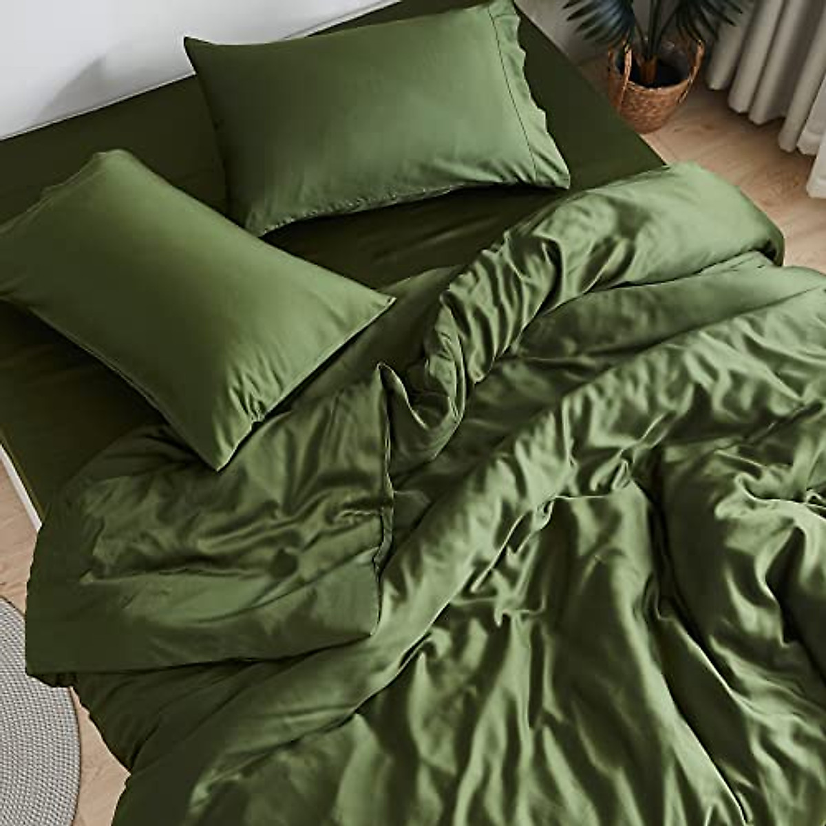 DOZ by SIJO 100% Organic Bamboo Sheet Set, Buttery Soft, Cooling for Hot Sleepers, Silky Breathable, Oeko-TEX, High GSM, 16" Deep Pockets - 3pc - 2 Pillowcases 1 Fitted Sheet (Forest, Queen)