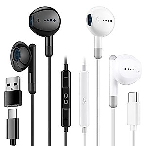 2 Packs of USB C Headphones, Type C Earbuds with Mic for Galaxy S22 Ultra Plus S21 S20, Pixel 6, OnePlus 10 Pro, iPad Pro Air Mini, USB-A to USB-C Adapter for Laptop Computer Use, White + Black