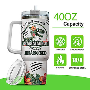 9SUNFLOWER Mamasaurus Stainless Steel Dinosaur Insulated Cup With Floral Straw Lid, Handle, 40 Oz Tumbler, Mommy Dinosaur Gift