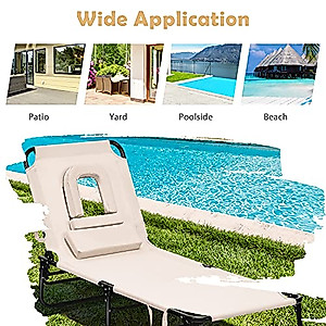Goplus Folding Lounge Chair for Beach Poolside Balcony Patio, Portable Recliner w/Tanning Face Down Hole and Pillow (1, Beige)