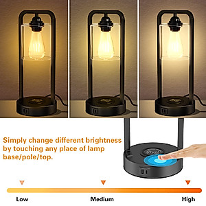 Wireless Charging Table Lamp for Bedroom Set of 2, Touch Control Dimmable with Type C USB Ports & AC Outlet Bedside Nightstand Lamp, Glass Shade Industrial Desk Lamp for Home Office, Bulbs Included
