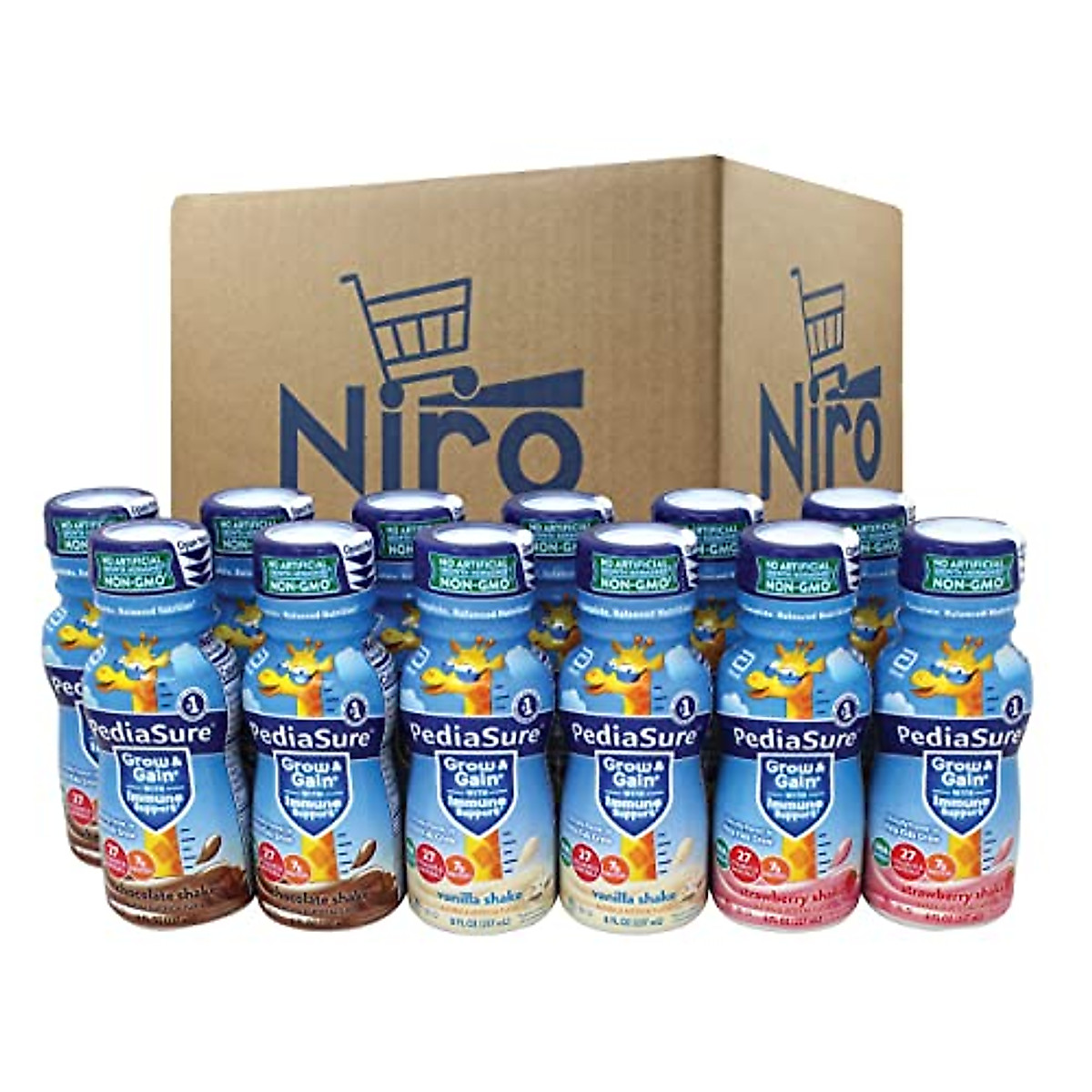PediaSure Grow and Gain With Immune Support Shake | Complete Balanced Nutrition | PediaSure Strawberry, PediaSure Vanilla, and PediaSure Chocolate Flavors | 12 Pack | Niro Assortment