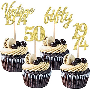 24 PCS Vintage 1974 Cupcake Toppers Glitter Cheers to 50 Fabulous Fifty Cupcake Picks for Happy 50th Birthday Wedding Anniversary Party Cake Decorations Supplies Gold