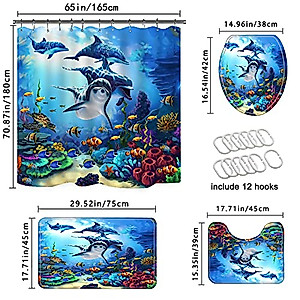 4 Pcs Dolphin Shower Curtain Set with Rugs, Toilet Lid Cover Bath Mat ,Blue Ocean Sea World Decoration Shower Curtain with 12 Hooks,65 x 70 Inches Waterproof Dolphin Shower Curtain for Bathroom Set…