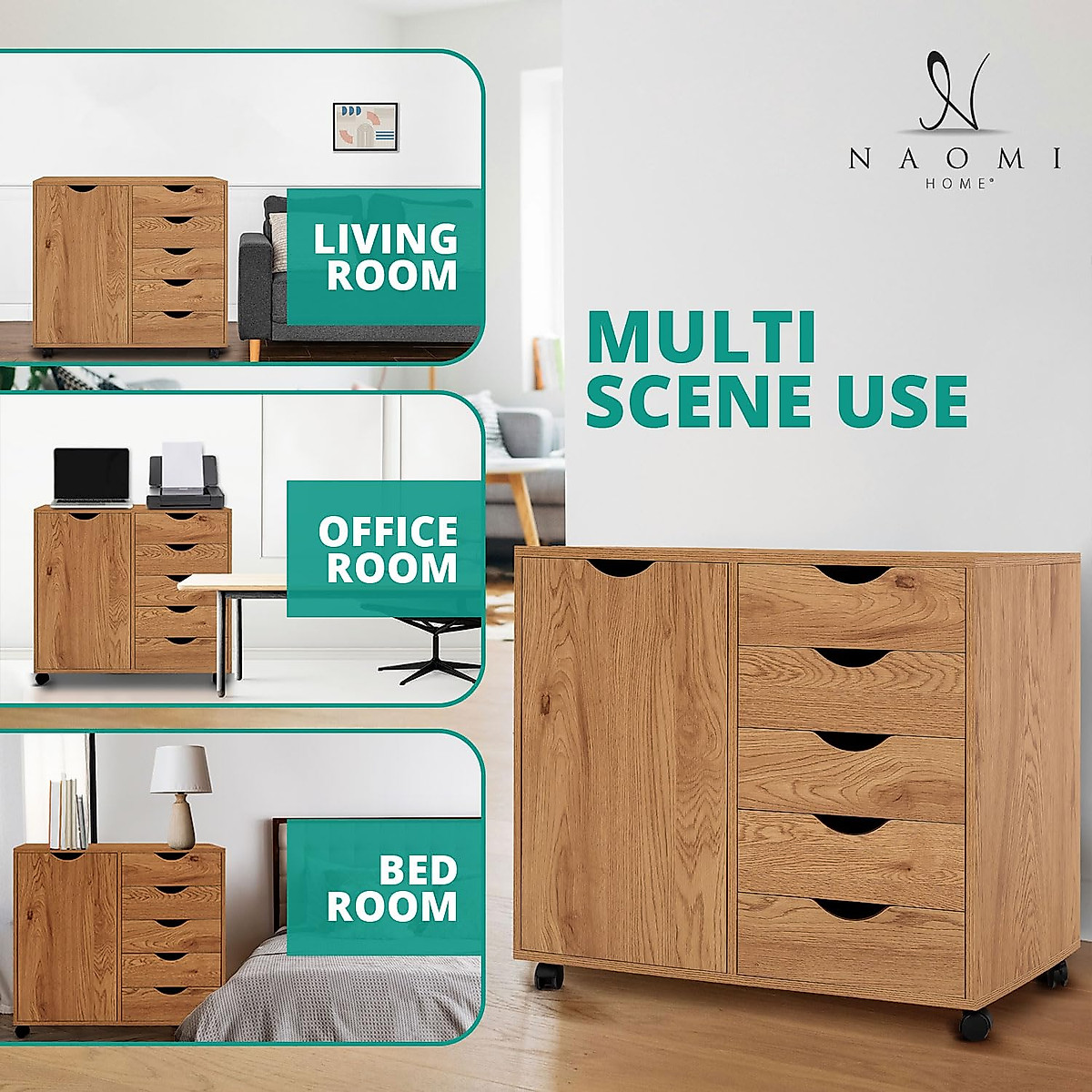 Naomi Home Amy 5 Drawer Chest, Wood Storage Dresser Cabinet with Wheels, Craft Storage Organization, Makeup Drawer Unit for Closet, Bedroom, Office File Cabinet 180 lbs Total Capacity - Natural