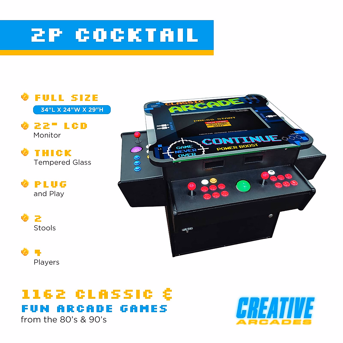 Creative Arcades Full Size Commercial Grade Cocktail Arcade Machine | 2 Player | 1162 Games | 22" LCD Screen | 3 Sided | Square Glass Top |4 Sanwa Joysticks | Trackball | 2 Stools | 3 Year Warranty