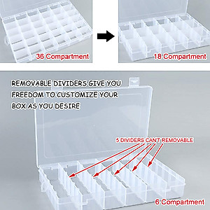 LE PAON 36 Grids Clear Plastic Organizer Box Storage Container Jewelry Box with Adjustable Dividers for Beads Art DIY Crafts Jewelry Fishing Tackles with 12 Floss bobbins