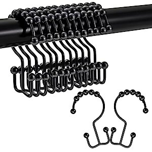 HAOBAOBEI Shower Curtain Rings Hooks, 12 Pack Bathroom Double Curtain Hooks for Christmas Shower Curtain Liner, Metal Rust-Resistant Roller Ball Sliding Hooks for Bathroom Shower Curtains Rods (Black)