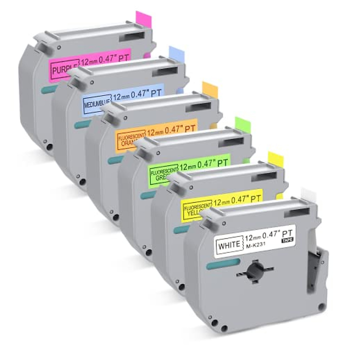 6 x Multi Color Fluorescent Label 12mm Replacement for Brother P Touch M Tape M-K231 M-KC31 M-KD31 M-KB31 M-KBL31 M-KP31 Work with Brother Ptouch PT-M95 PT-90 PT-70 PT-65 PT-85 Label Maker Refills