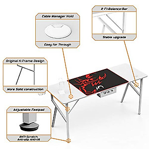 DESIGNA White Gaming Desk 63 inch, Large Gaming Tables Gamer Pc Workstation K Shaped Game Station with Free Mouse Pad, Gaming Handle Rack, Cup Holder and Headphone Hook, Carbon Fibre Surface