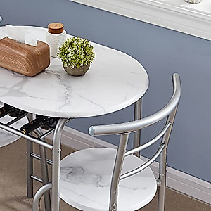 VECELO 3 Piece Small Round Dining Table Set for Kitchen Breakfast Nook, Wood Grain Tabletop with Wine Storage Rack, Save Space, 31.5", White & Silver