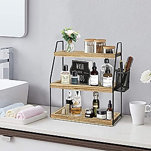 3-Tier Bathroom Organizer Countertop, Wood Bathroom Countertop Vanity Organizer Bathroom Trays for Counter, Skincare Organizer Makeup Cosmetic Holder Standing Storage Shelf, Kitchen Spice Rack, Brown