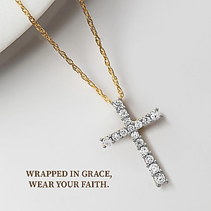 Jewelili Cross Pendant Necklace for Women in 10K Yellow Gold with 1/2 CTTW Natural White Round Diamonds | 18 inch Gold Filled Rope Chain