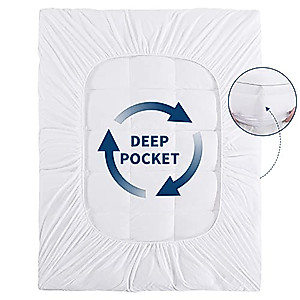 HOMBYS Queen Size Feathers & Down Mattress Pad Cover, Luxury Extra Thick Fluffy Pillow Top Mattress Topper, Fitted Deep Pocket Quilted Bed Topper with 100% Cotton Fabric, Hotel Collection(White,Queen)