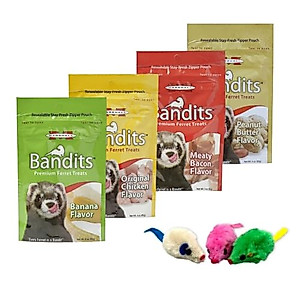 Marshall Bandit Ferret Treats - Includes Marshall Ferret Bandit Treats and Ferret Toy - Ferret Vitamins - 3oz Sealable Bags of Banana Treats, Bacon, Chicken, Peanut Butter and Raisin Flavor