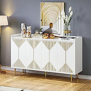 YITAHOME Sideboard Buffet, Modern Buffet Cabinet Storage Cabinet with Carved Design Doors 300 lbs Capacity for Hallway, Entryway, Kitchen or Living Room, White