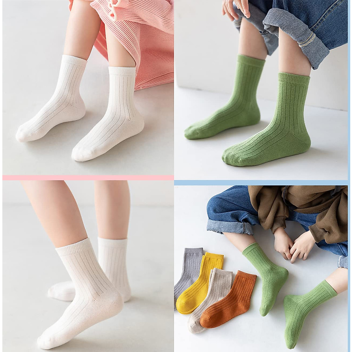 Toptim Unisex Kids Crew Socks Casual Solid Vertical Stripe Sock for Boy Girls (6-9 Years, Candy Colors)